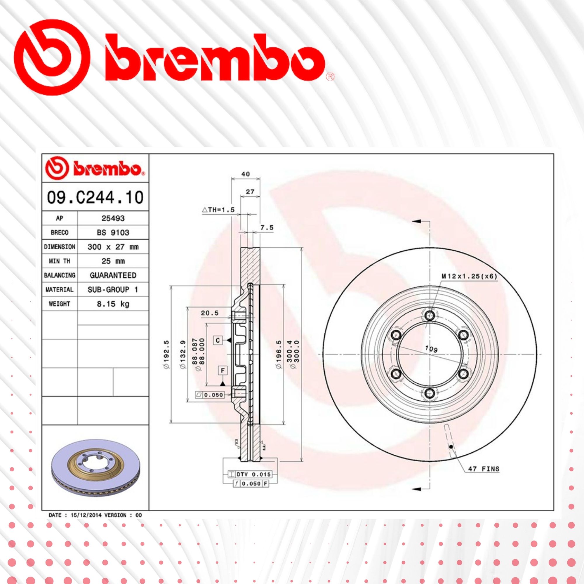brembo Official จานดิสเบรค หน้า 1 คู่ 2 จาน 09 C244 10 สำหรับ Isuzu D-Max DMAX 4WD Hi-lander ปี ...