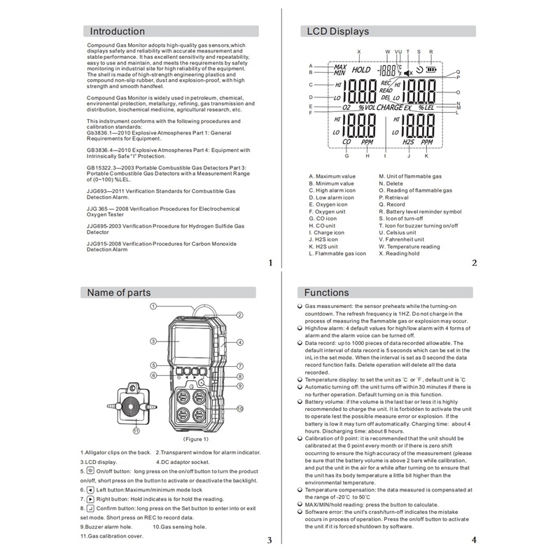 Compound Gas Monitor Multi Rechargeable 4 in 1 Digital Combustible O2 ...