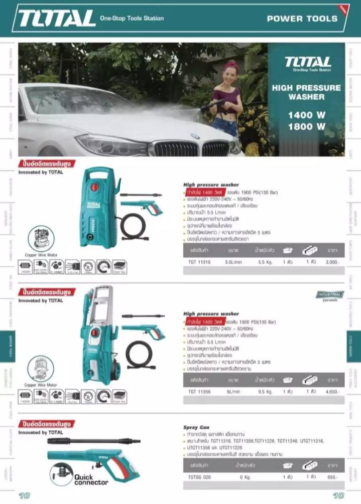 TOTAL เครื่องฉีดน้ำแรงดันสูง รุ่น TGT 11356 1800 วัตต์ 150 บาร์ ( High Pressure Washer ) ปั๊มน้ำ ...