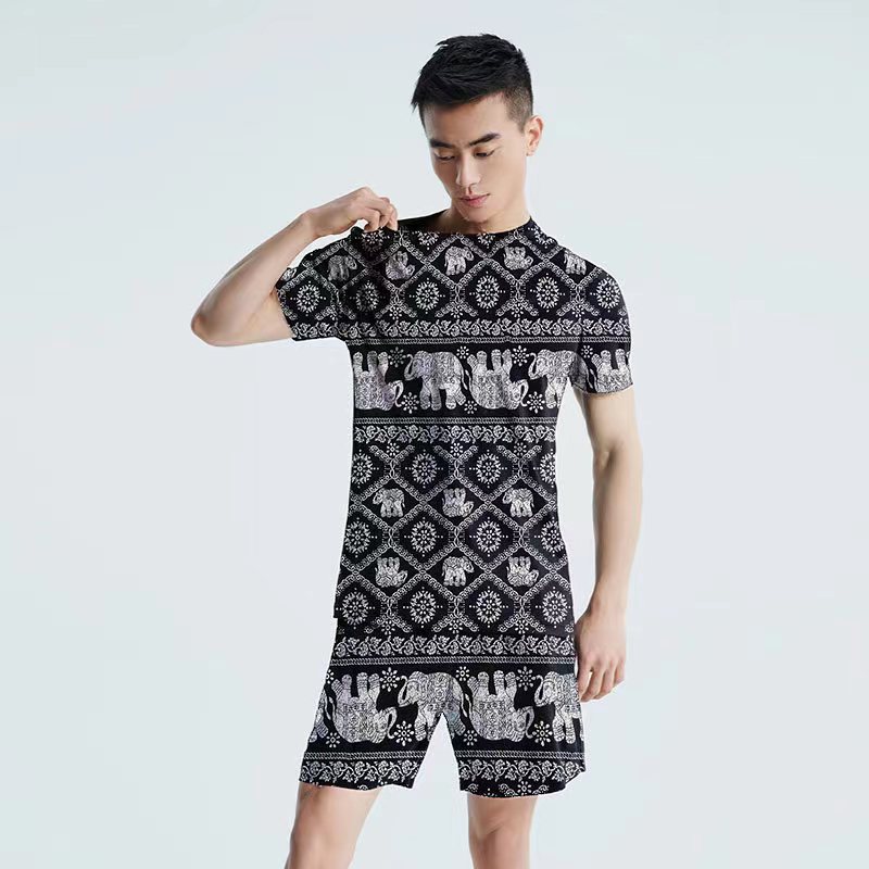 CJP HOME ชุดเซ็ตผู้ชาย เสื้อยืดแขนสั้น กางเกงวอร์มขาสั้น เสื้อผ้าแฟชั่นผู้ชาย พิมพ์ลายช้าง เสื้อ ...