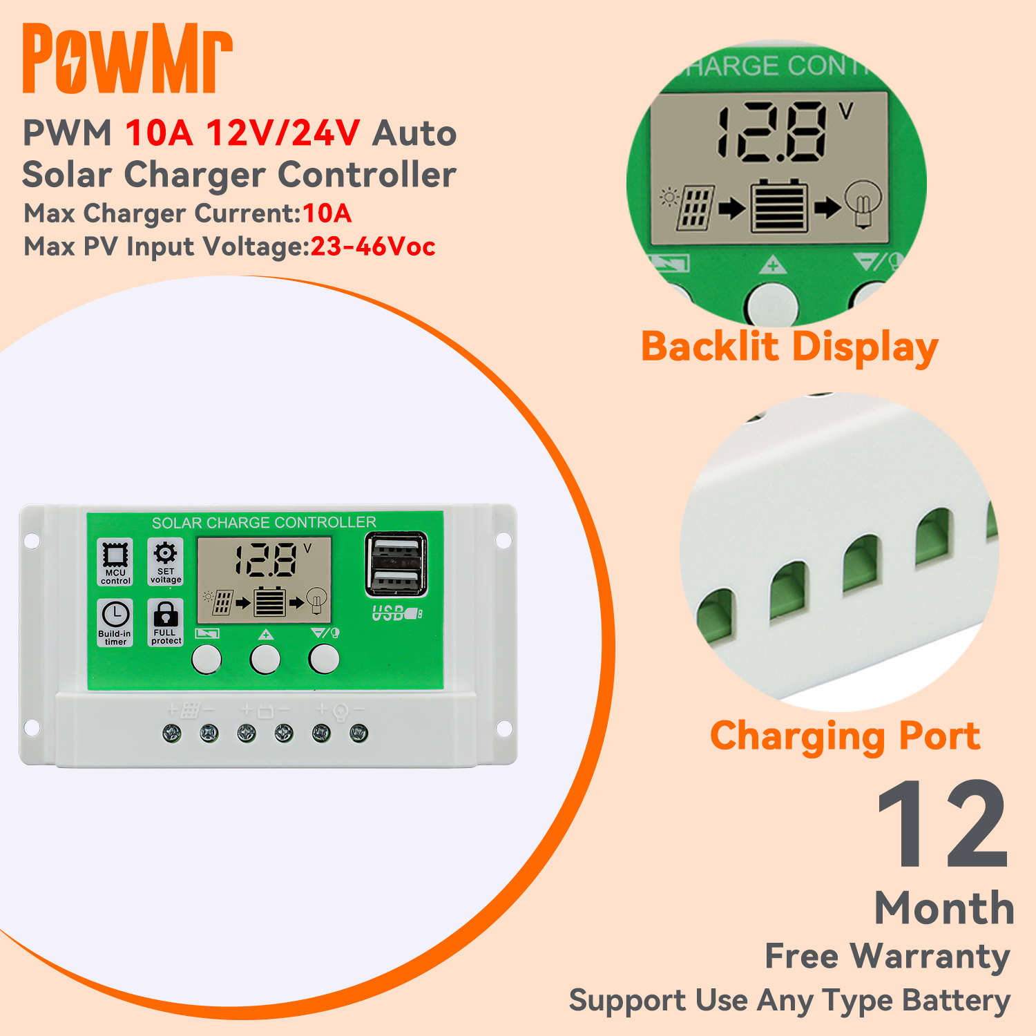 PowMr 30/20/10A PWM ตัวควบคุมการประจุพลังงานแสงอาทิตย์ 12v 24v อัตโนมัติพร้อมจอแสดงผล LCD Dual ...
