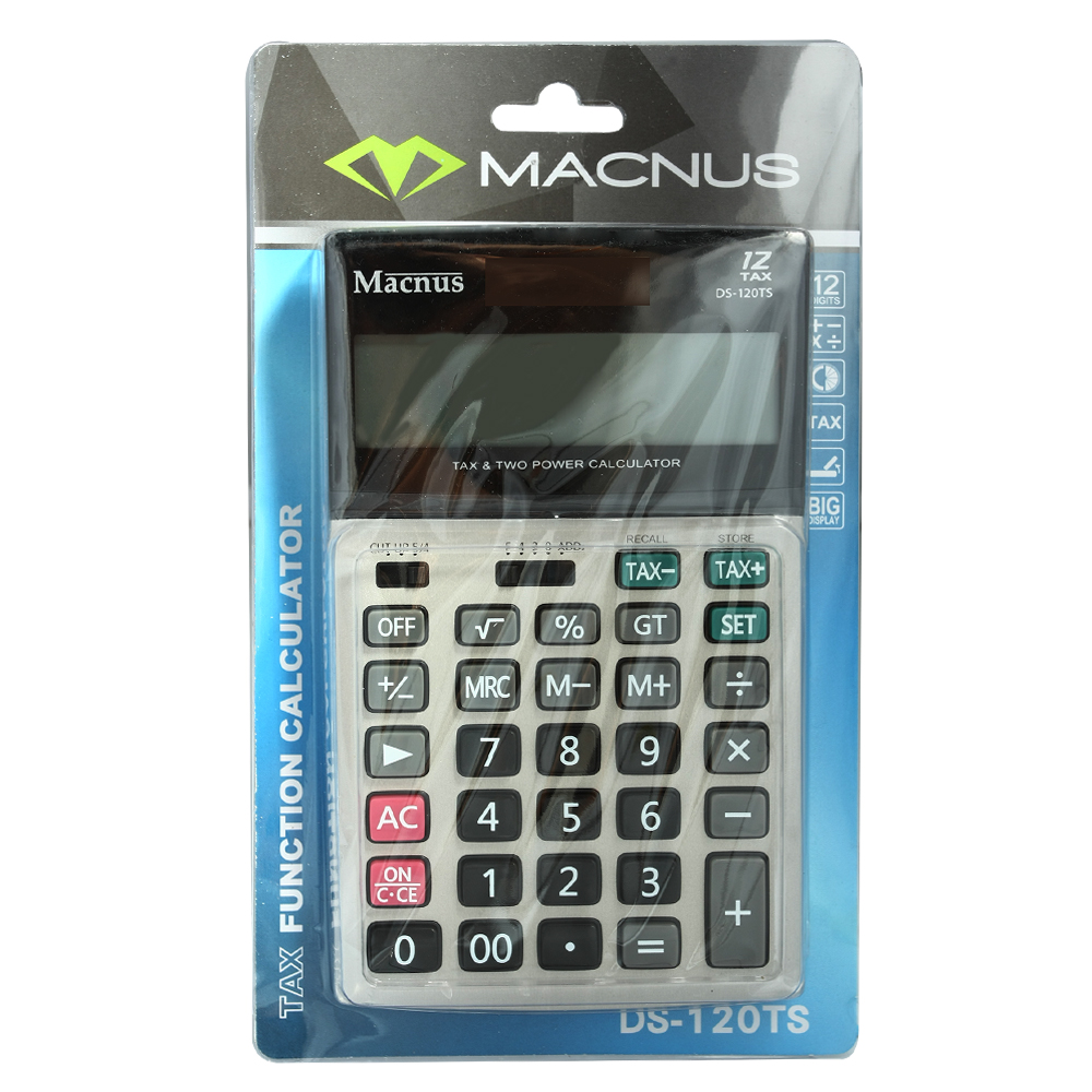 เครื่องคิดเลข 12หลัก ยี่ห้อ MACNUS รุ่น DS-120TS 12TAX BLACK สินค้ารับ ...