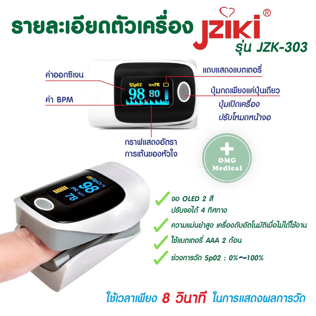 NMK ส่งฟรีประกันศูนย์ 1 ปี Pulse Oximeter Jziki เครื่องวัดออกซิเจนใน ...