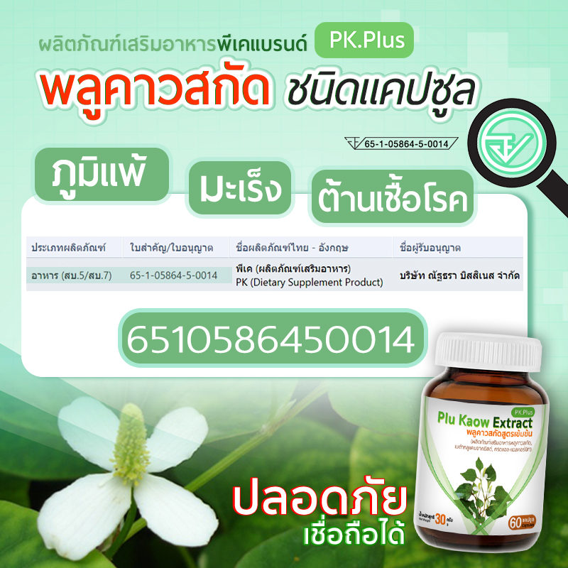 [ส่งฟรี! พร้อมส่ง] PK Plus Plu Kaow Extract (1 กระปุก 60 แคปซูล) พลูคาว ...