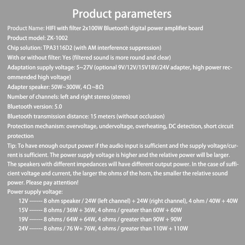 ZK-1002 HIFI TPA3116 Bluetooth 5.0 High Power Digital Amplifier Stereo Board 100W+100W AMP ...