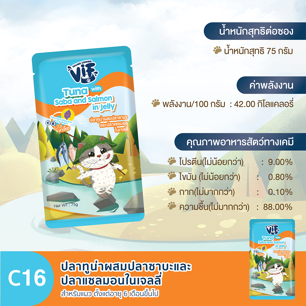 เฟลินา คานิโน วิฟ (อาหารสำหรับแมว) VC16 ปลาทูน่าผสมปลาซาบะและปลาแซลมอน ...