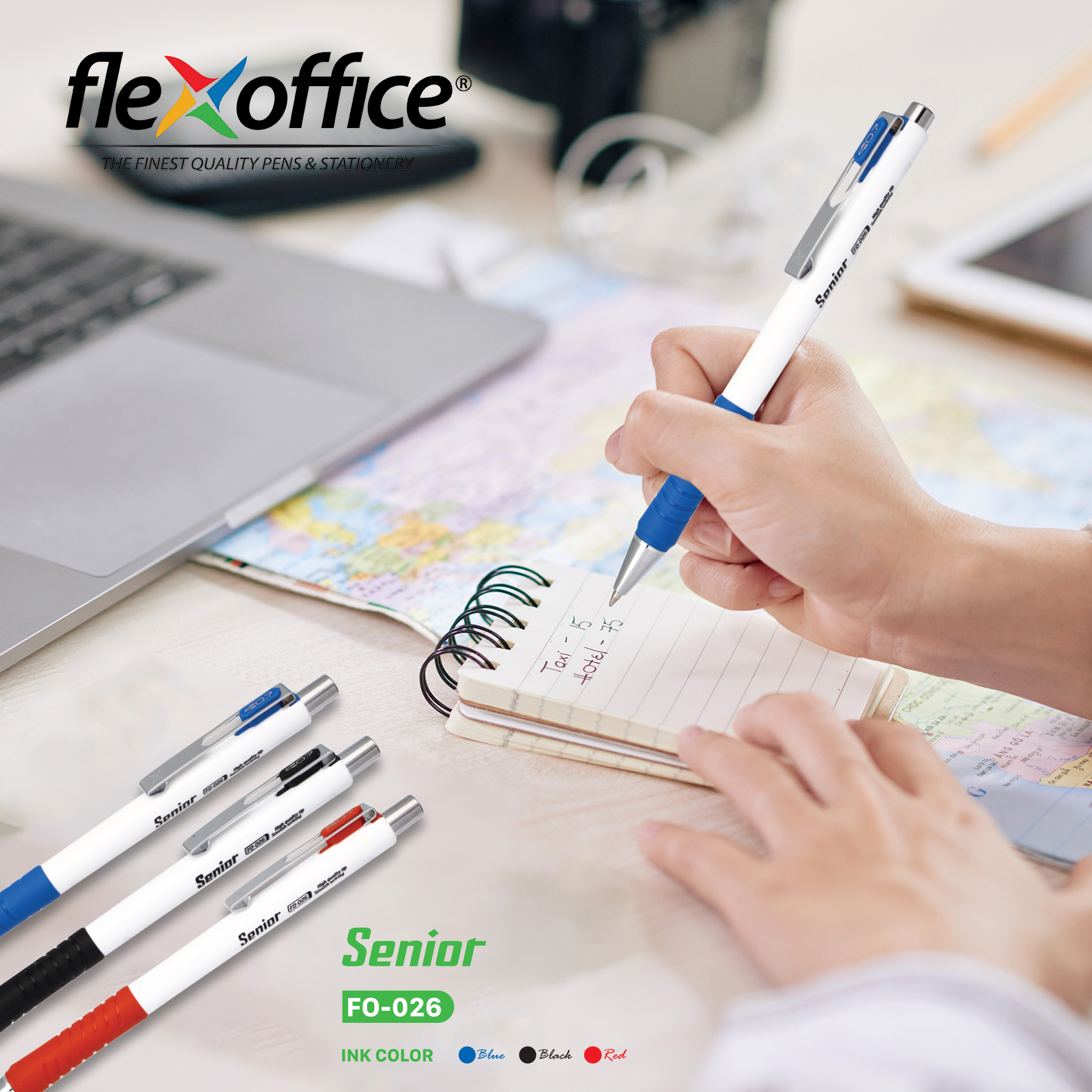 Flexoffice ปากกาลูกลื่น หัว 0.7mm Senior รุ่น FO-026 หมึกสีน้ำเงินแดงดำ เขียนลื่น จับถนัดมือ ...