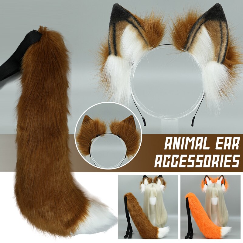 Women Faux Fur Animal Tail Plush Furry Wolf Fox Ear Headband Cute ...