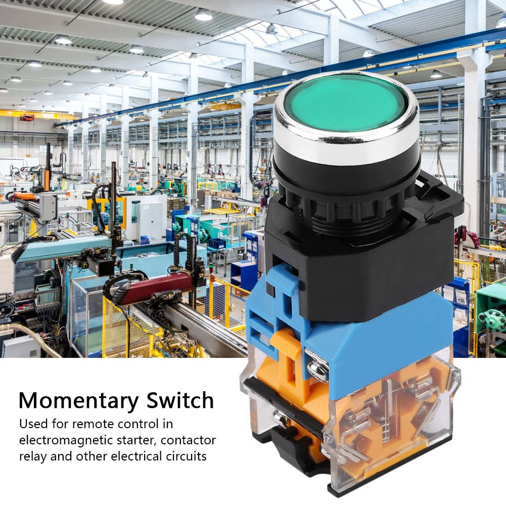 22mm Flat Head Green Push Button Momentary Switch With LED Light 220V ...