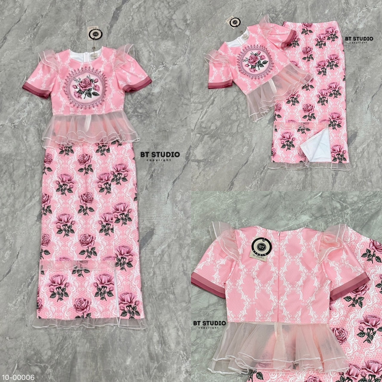 งานป้าย BT-Studio set 2ชิ้นเสื้อแขนสั้นแต่งระบายผ้าแก้วสีชมพูอ่อนซิปหลัง แมทซ์กับกระโปรงยาวปลาย ...