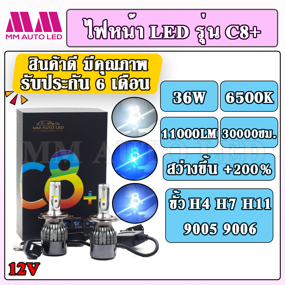 ไฟหน้าLED C8 3สี 4สเต๊ป (รับประกัน 6เดือน 36W 6500K 11000LM) มีขั้ว H4 H7 H11 9005 9006 ...
