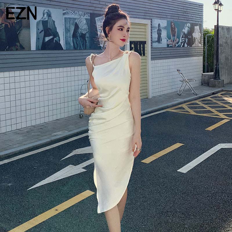 EZN 2022 Summer Diagonal Collar Pleated Slip Dress 9453 - EZN - ThaiPick