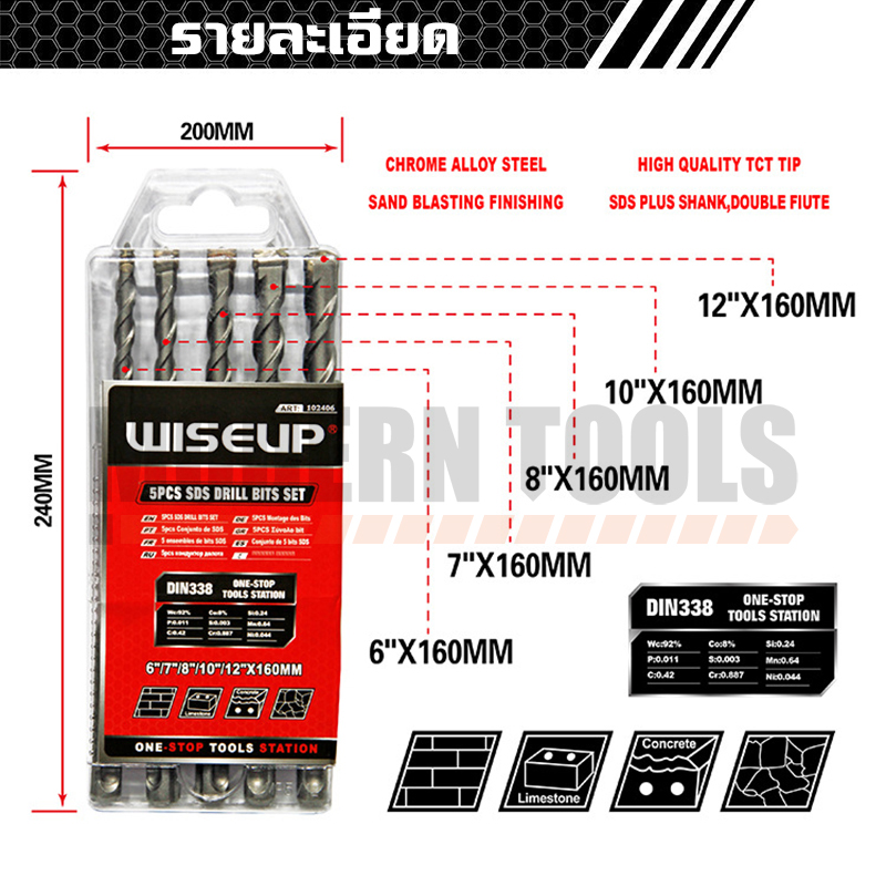 WISEUP ชุดดอกสว่าน ทังสเตนคาร์ไบด์ YG8 สำหรับสว่านโรตารี่ สว่านไฟฟ้า เจาะปูน หิน คอนกรีต ผนังอิฐ ...