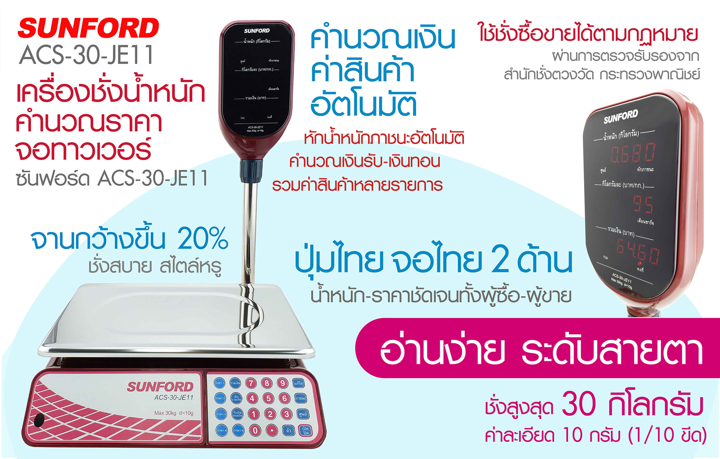 (ส่งฟรี) SUNFORD ACS-30-JC21 เครื่องชั่งน้ำหนัก ดิจิตอล คำนวณราคา จอ 2 ด้าน มีใบรับรอง 30 กิโล ...