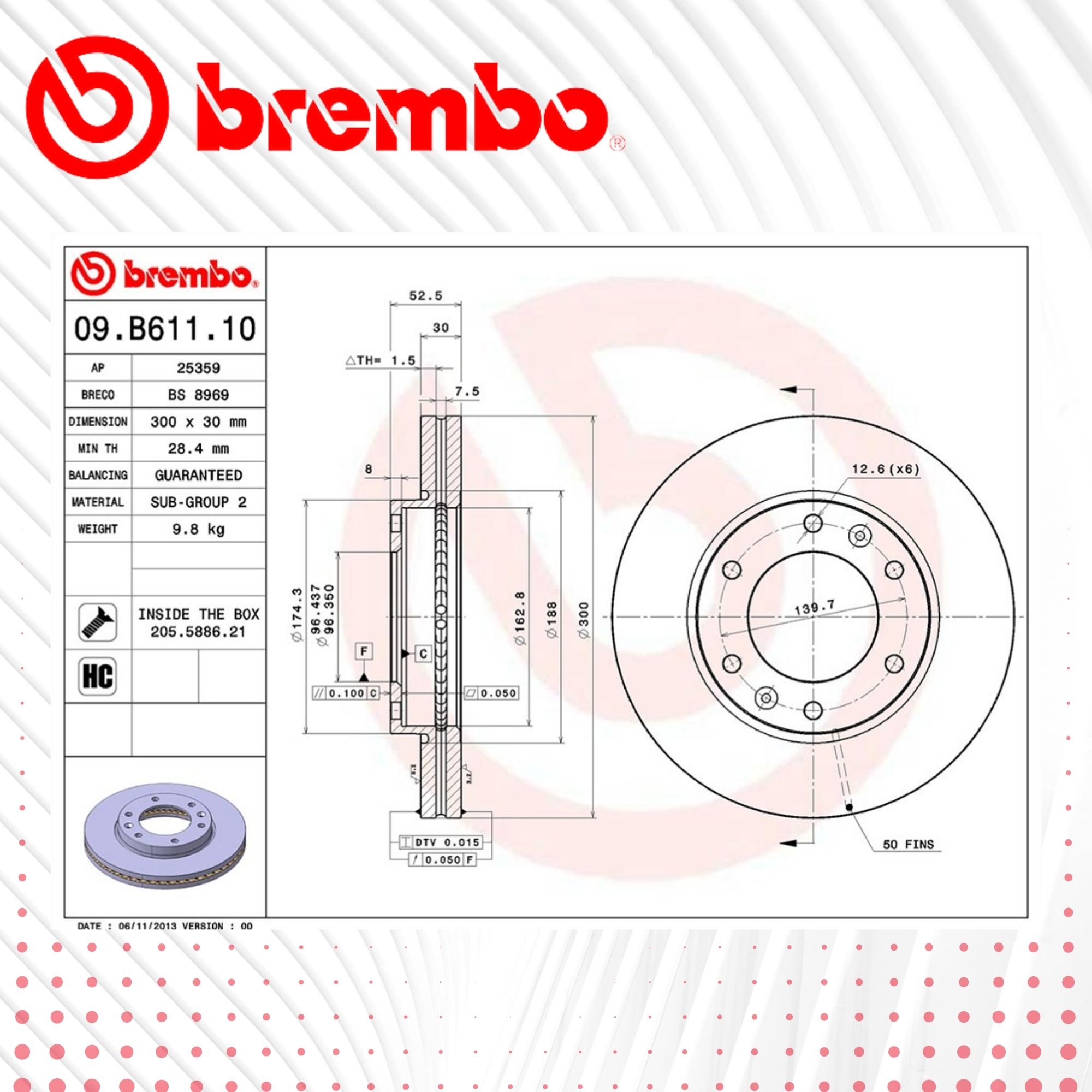 brembo Official จานดิสเบรค หน้า 1 คู่ 2 จาน 09B61110 สำหรับ HYUNDAI H1 ...