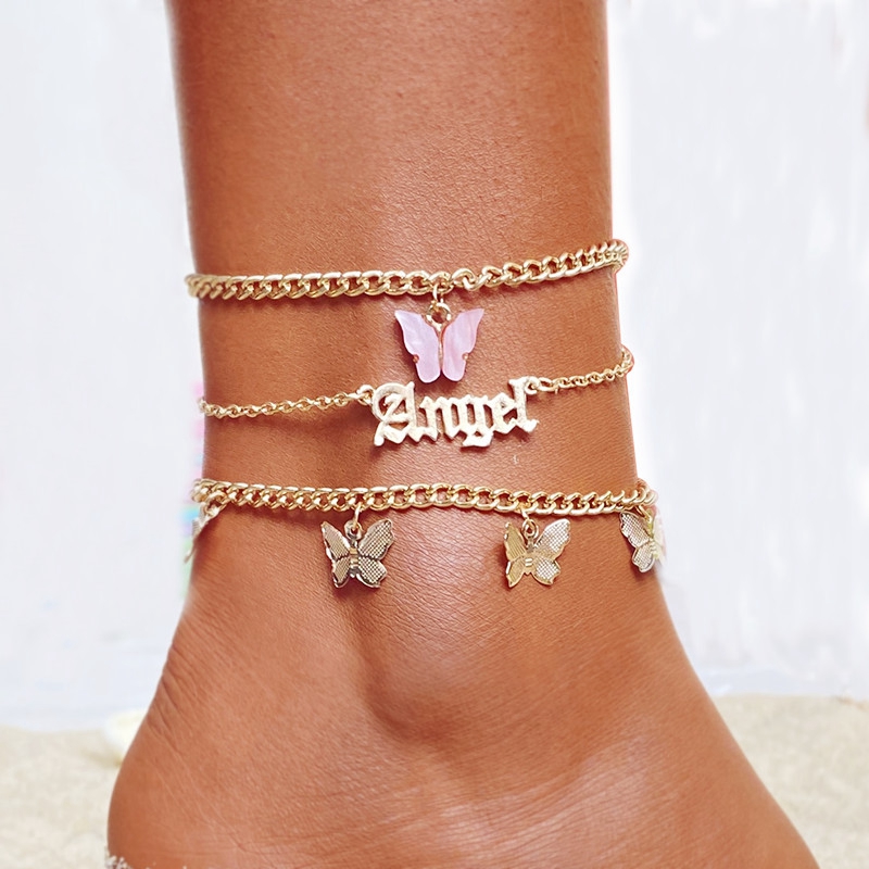 Fashion Pink Butterfly Anklets Set For Women Cute Gold Letter Angel ...