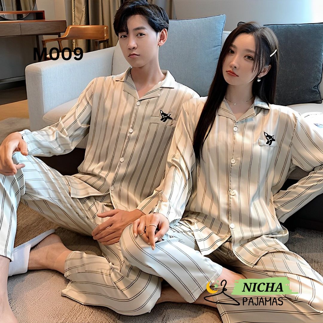 พร้อมส่ง M009 ชุดนอนคู่รักชุดนอนผู้ชายผู้หญิง แขนยาว ขายาว สีครีม ลายทาง ผ้าซาติน - Nichapajamas ...