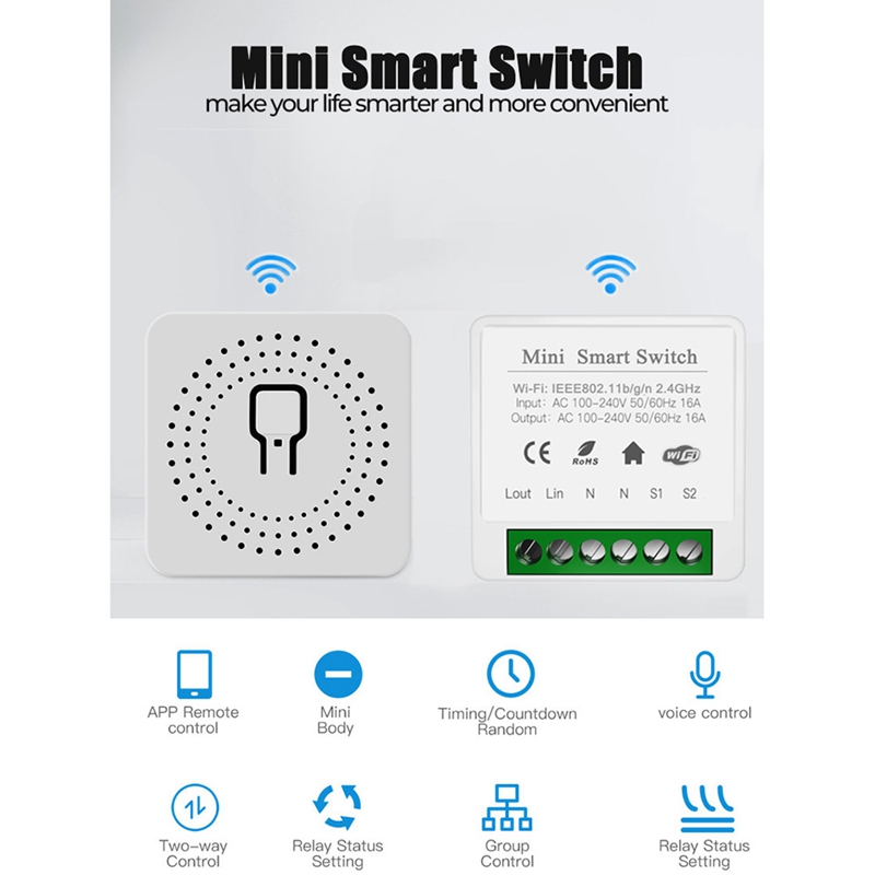 16A Wifi Smart Switch Module 2-Way Control Timer DIY MINI Wireless Switches Smart Home Work with ...