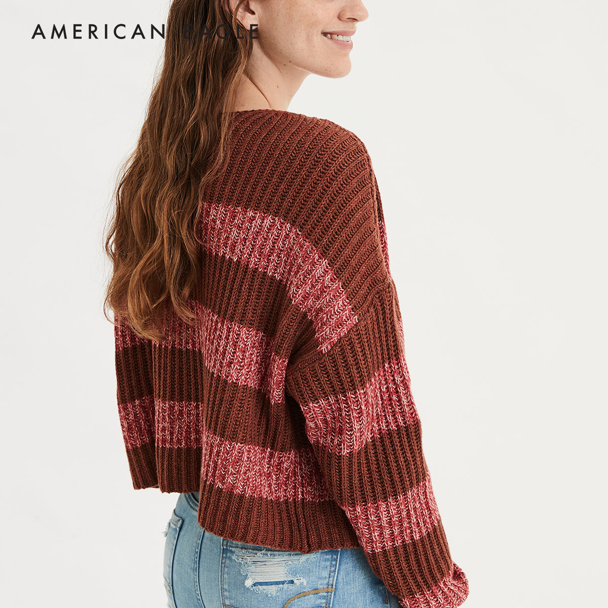 American Eagle Henley Boxy Cropped Sweater เสื้อ สเวตเตอร์ ผู้หญิง บ็อก ...
