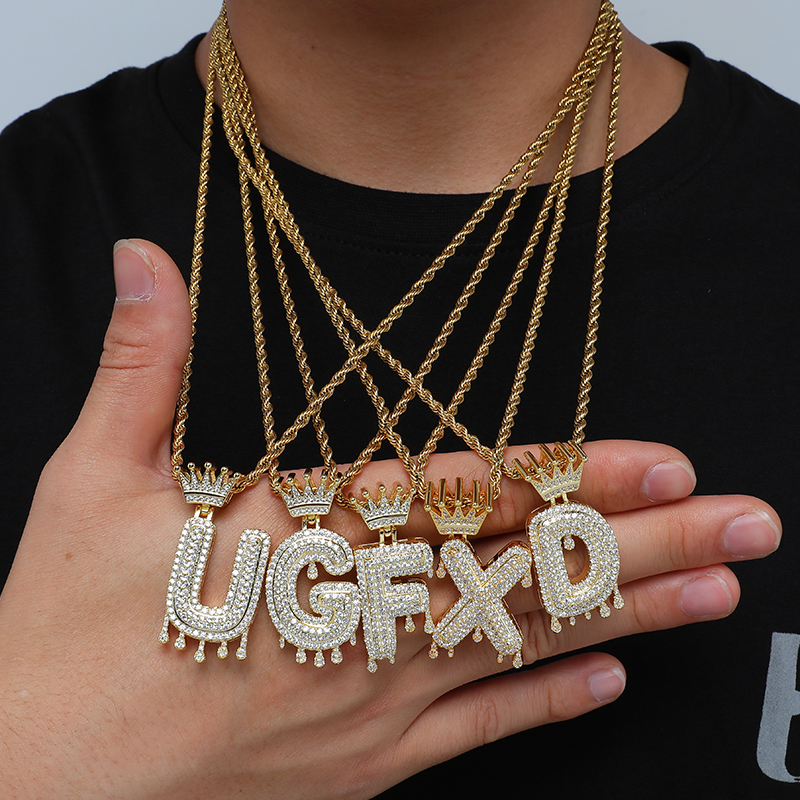 Hip Hop Iced Out Bling Cubic A-Z Drip Crown Zircon Letters Necklaces ...