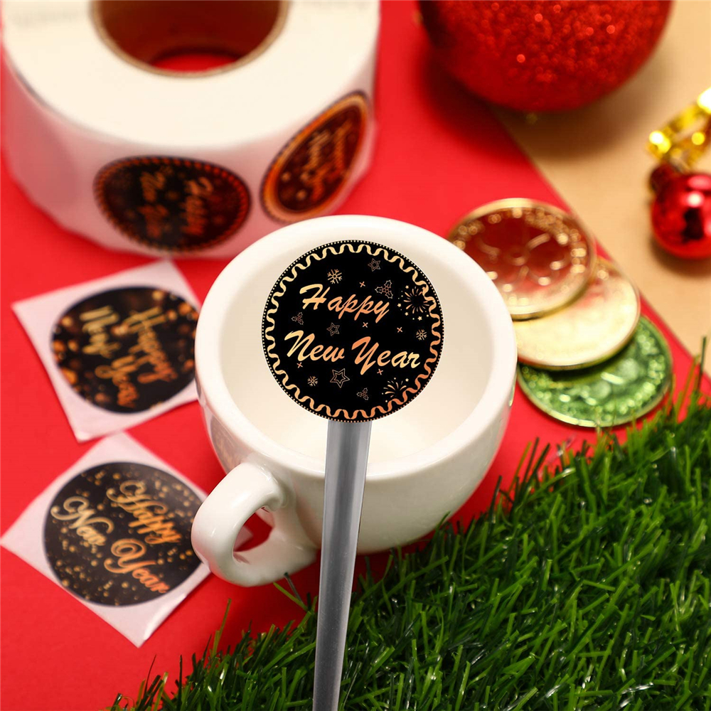 500Pcs Happy New Year Stickers Black Gold New Year Labels Glitter Tags ...