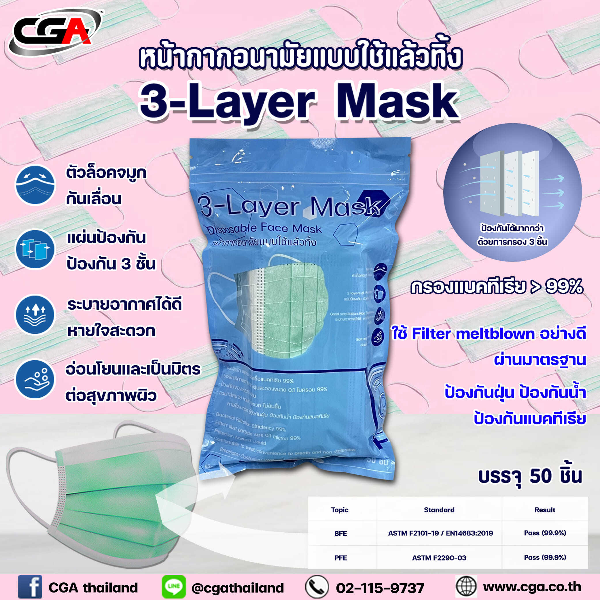 Face Mask หน้ากากอนามัย 3 ชั้น บรรจุ 50 ชิ้นซอง 3-Layer Mask แมส 50 ...