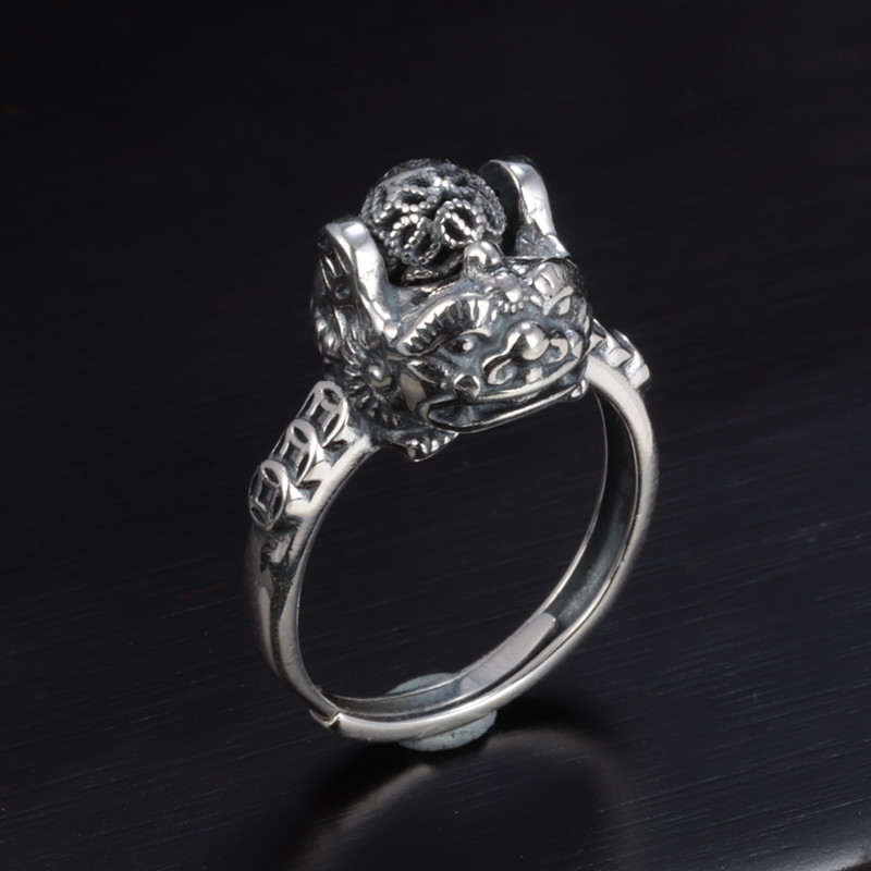 LR-S925 เงินสเตอร์ลิงปี่ซิ่วริงย้อนยุค แหวนนำโชค เหรียญ ฮวงจุ้ย ลูกบอลกลมหมุนได้ แหวนมงคล ปรับ ...