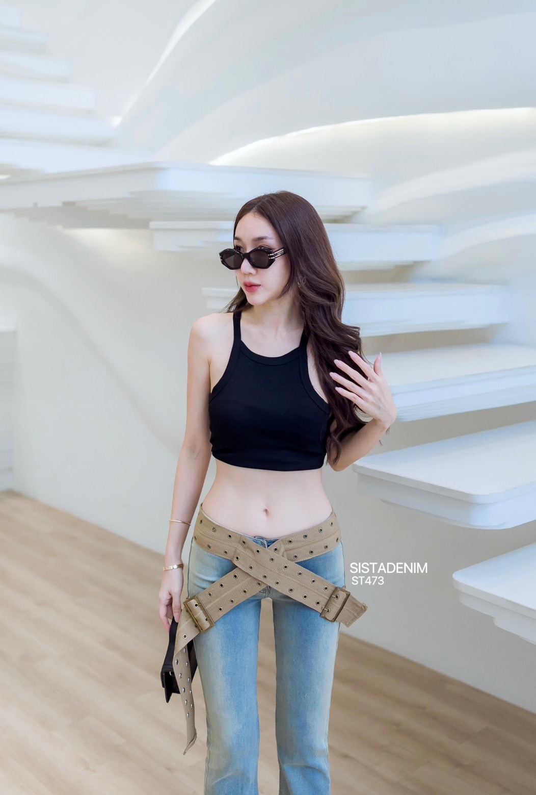 ST473 SistaDenim กางเกงยีนส์เอวต่ำ ดีไซน์เข็มขัดไขว้ - Sista Denim - ThaiPick