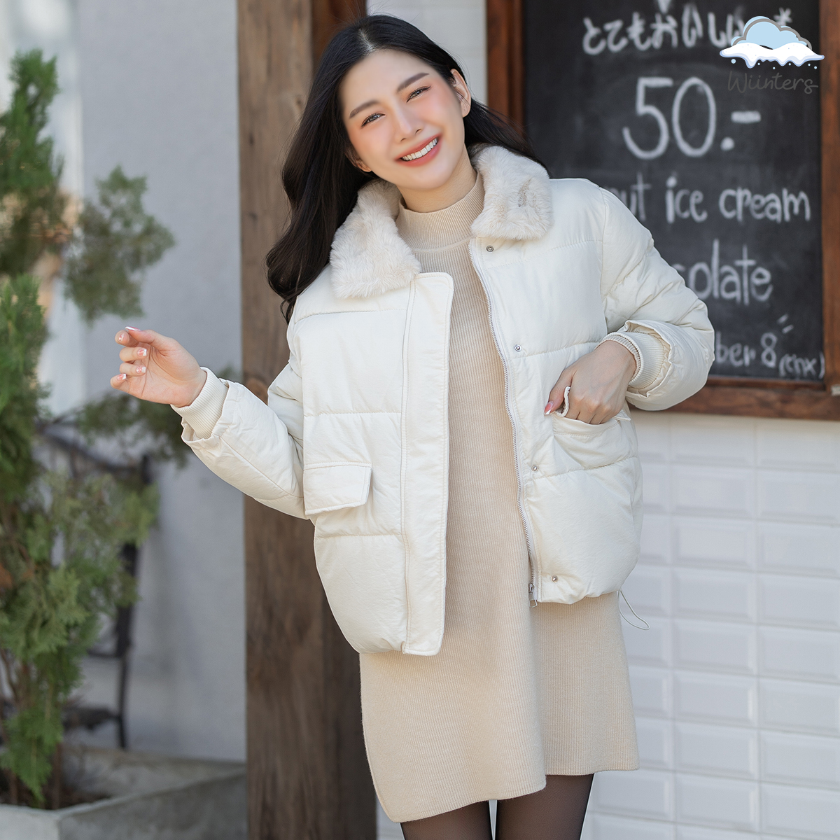 [ Pudding Short Coat ] โค้ทสั้น โค้ท คอปกตกแต่งขน เรียบหรู ผ้านุ่ม ...