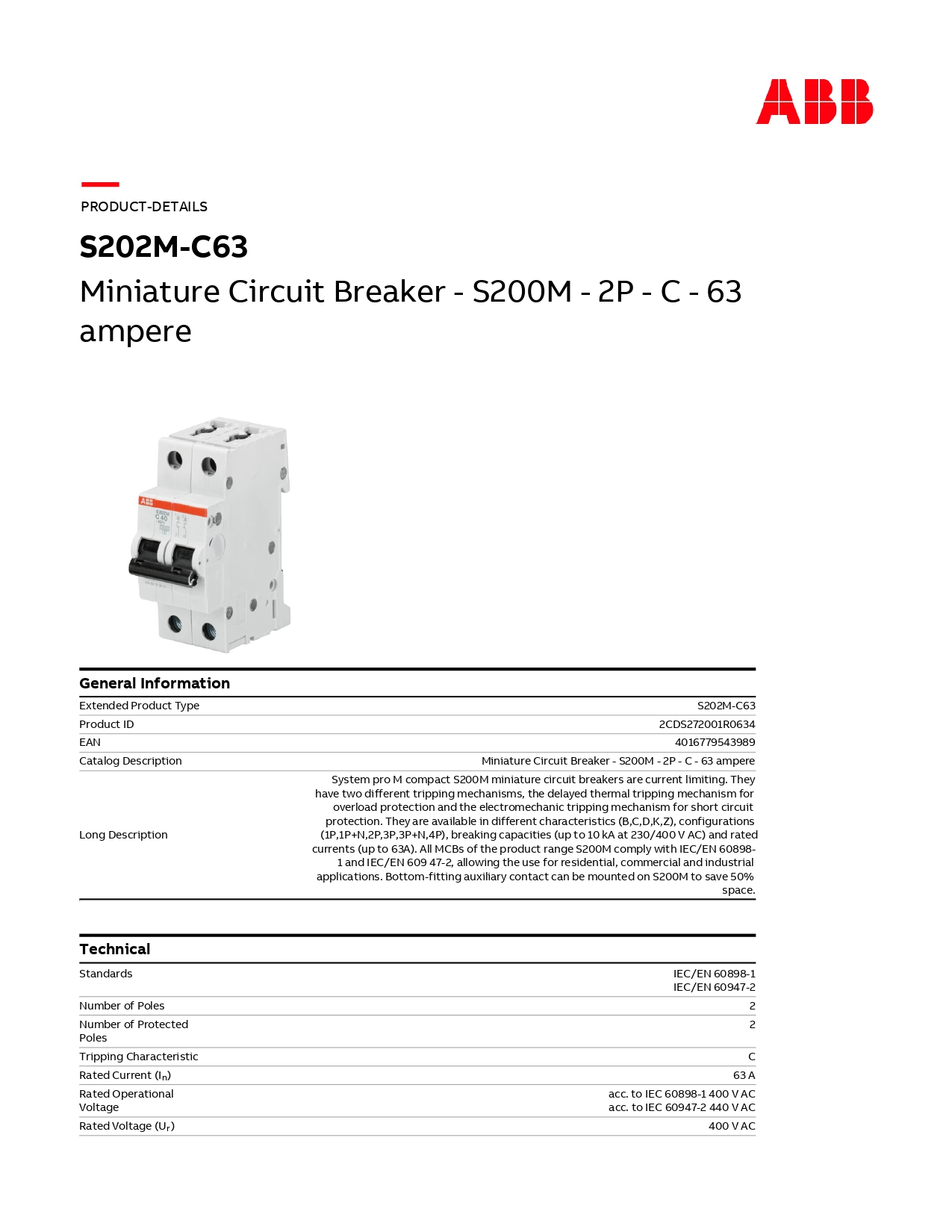 ABB S202M-C63 เมนเซอร์กิตเบรกเกอร์ 63 แอมป์ 2 โพล 10kA ABB System M Pro 63A MCB Mini Circuit ...