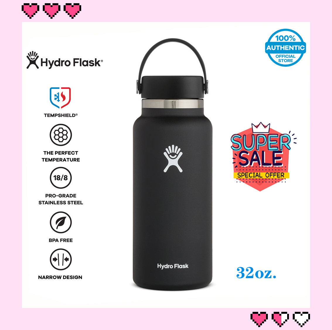 HYDRO FLASK Version WIDE MOUTH 2.0 cup - Black 32 OZ ถ้วยสแตนเลสฉนวนกัน ...