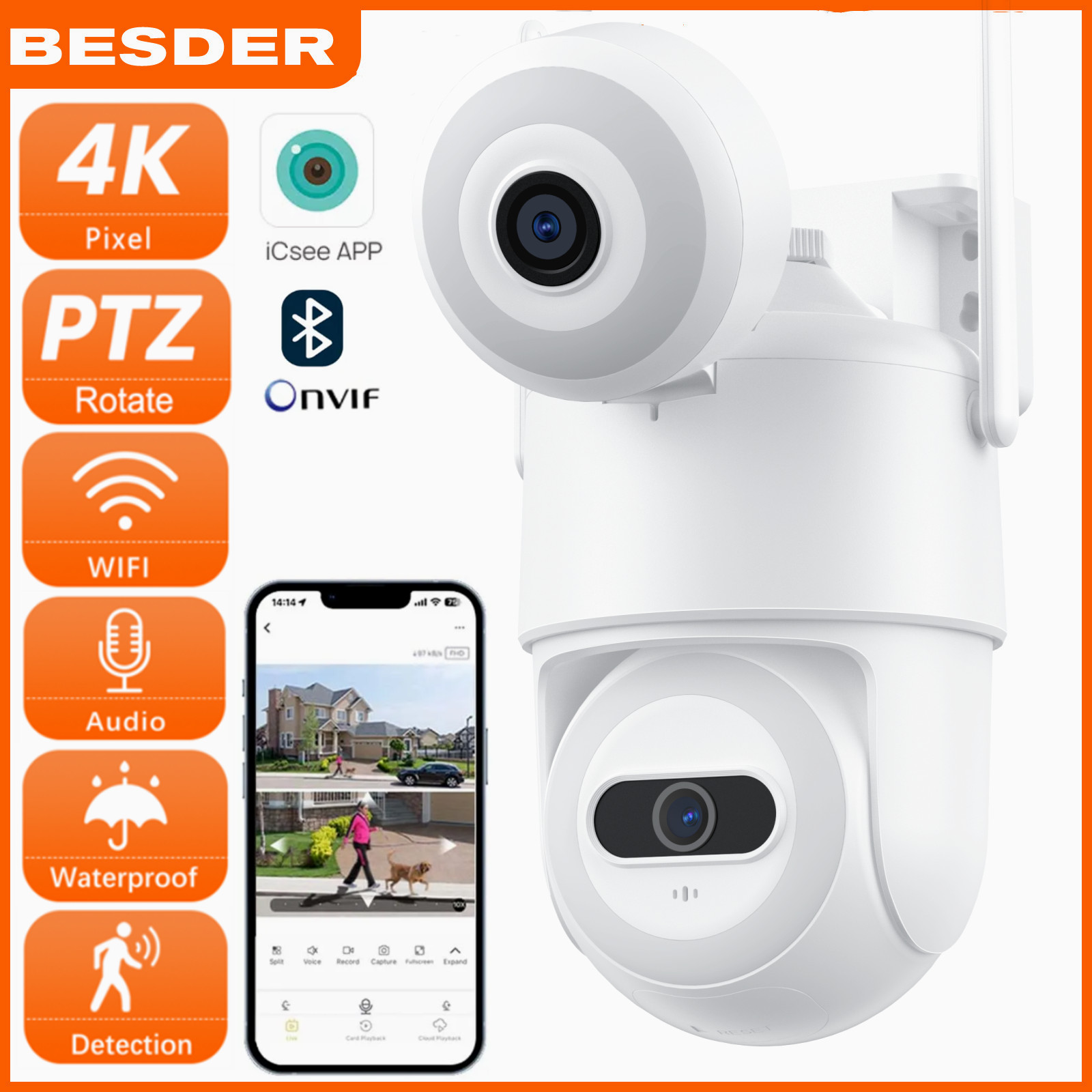 BESDER กล้องวงจรปิด 4K 8MP กลางแจ้งกันน้ำ PTZ WiFi IP กล้องเชื่อมต่อ ...