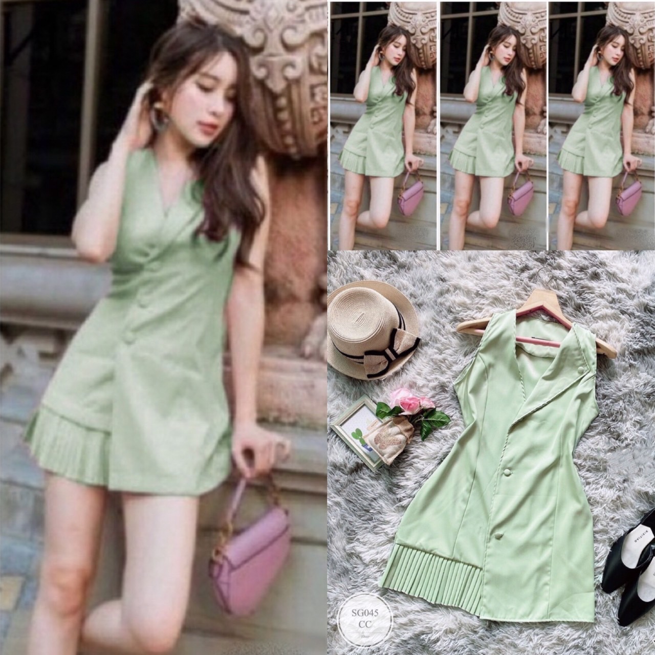 SG045 เดรสสั้น แขนกุด คอปก 1 ข้าง ชายอัดพีทข้างนึง ผ่าหน้าติดกระดุมแกะออกได้ เอวไม่สม็อค งานผ้า ...