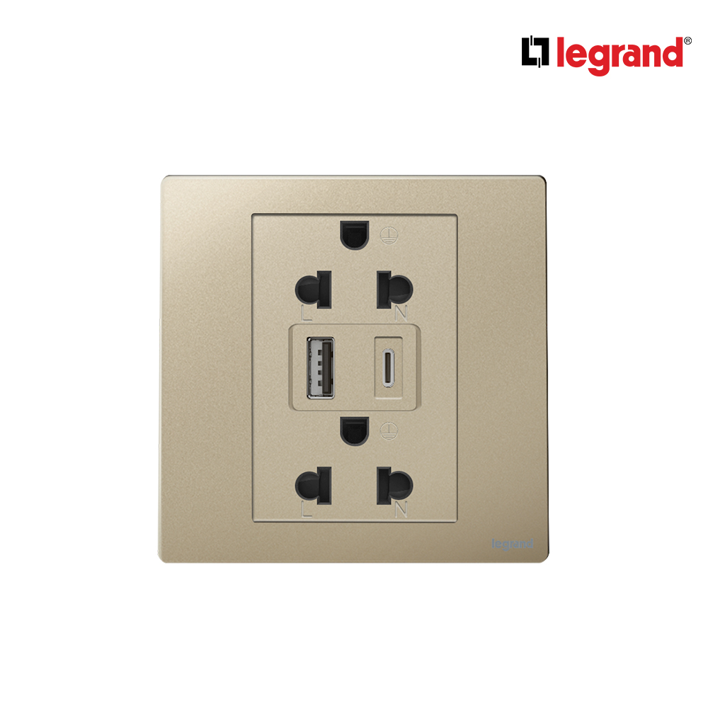 Legrand เต้ารับคู่มีกราวด์ +USB Type A-C สีแชมเปญ 1G EURO-US 16A 2x2P ...