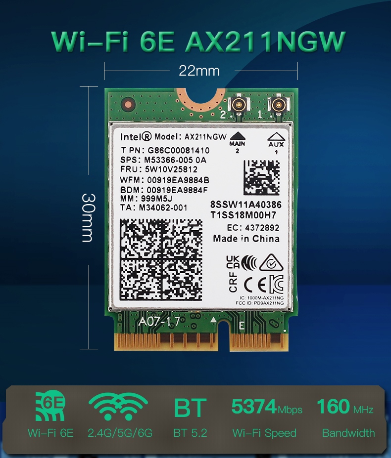 Tri Band 5374Mbps Wi Fi 6E Intel AX211 Wifi Card M.2 CNVIo2 Bluetooth 5 ...