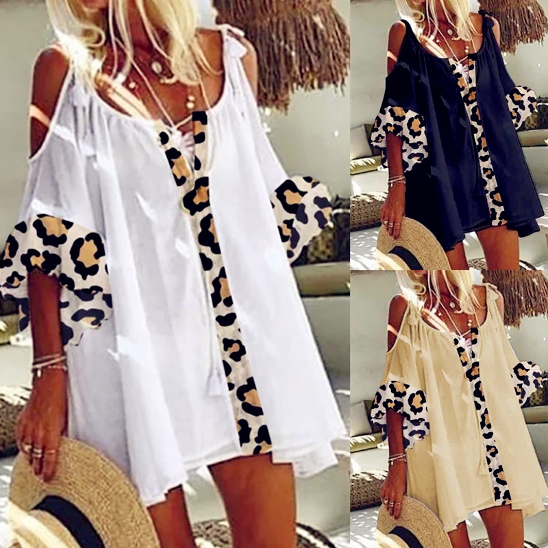Women 2022 Loose Off Shoulder Boho Lace Vintage Ruffles Befree Leopard ...