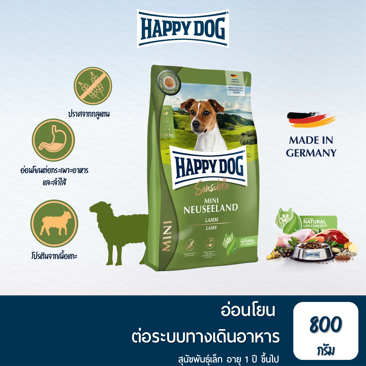 HAPPY DOG Mini Neuseeland สูตรสุนัขโตพันธุ์เล็ก เนื้อแกะ 800 g ...