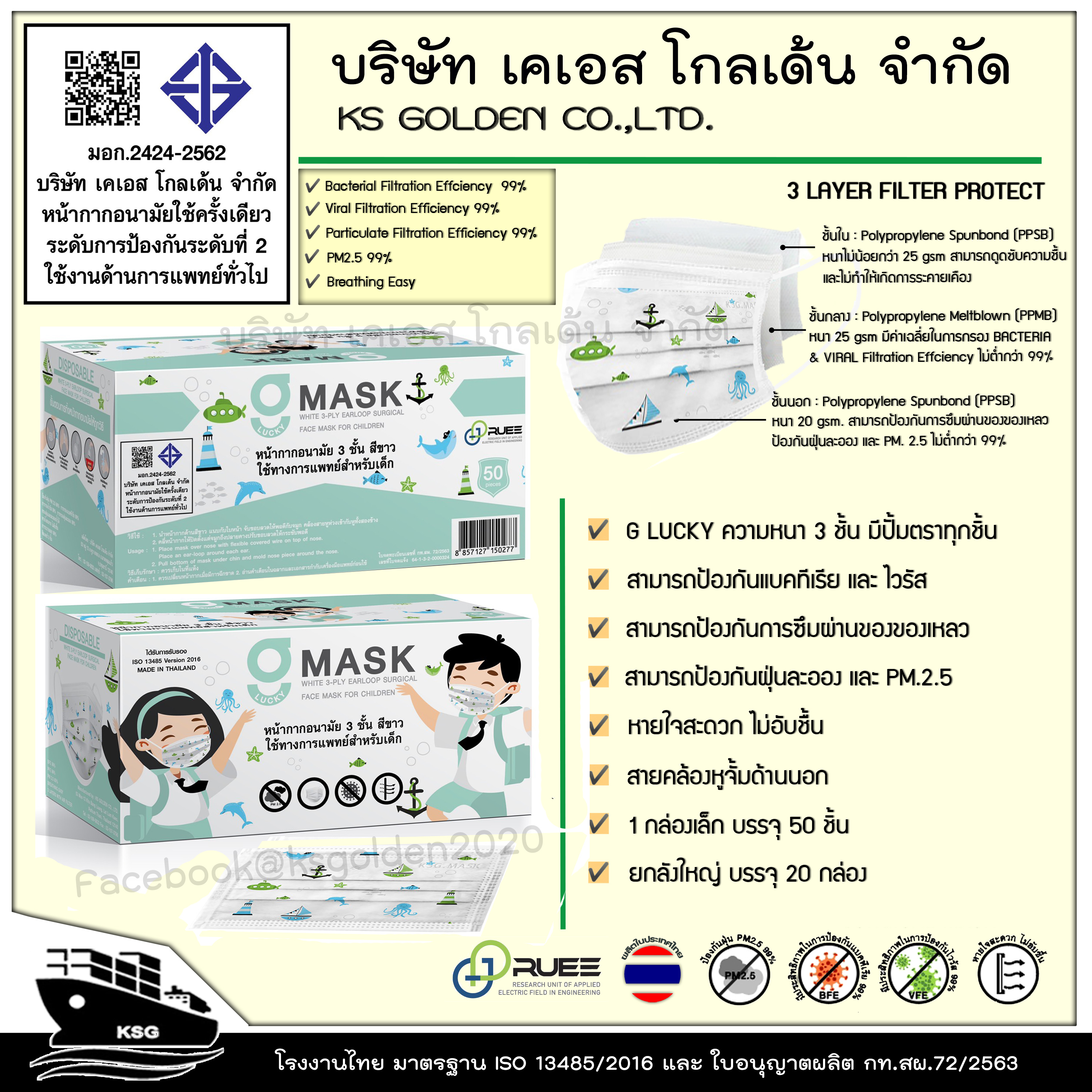 KSG Official หน้ากากอนามัยทางการแพทย์ ระดับ 2 สำหรับเด็ก ลายปลา G LUCKY KIDS Sugical Level 2 ...