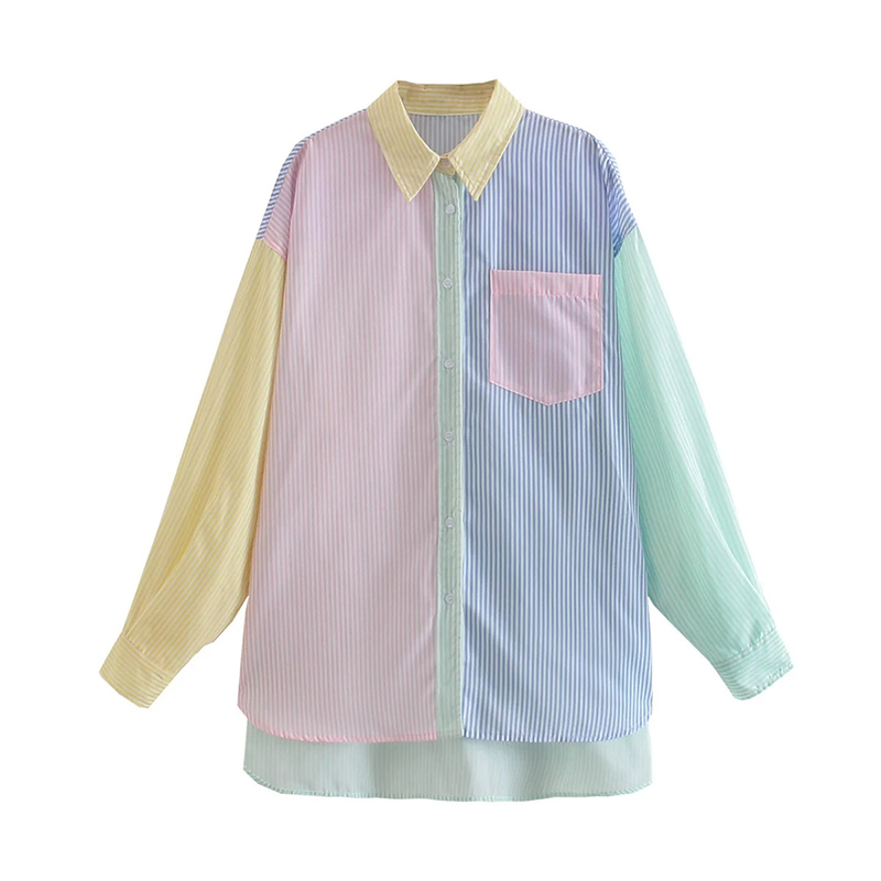 2021 Women's Shirt Contrast Color Patchwork Blouses And Shirts Single ...