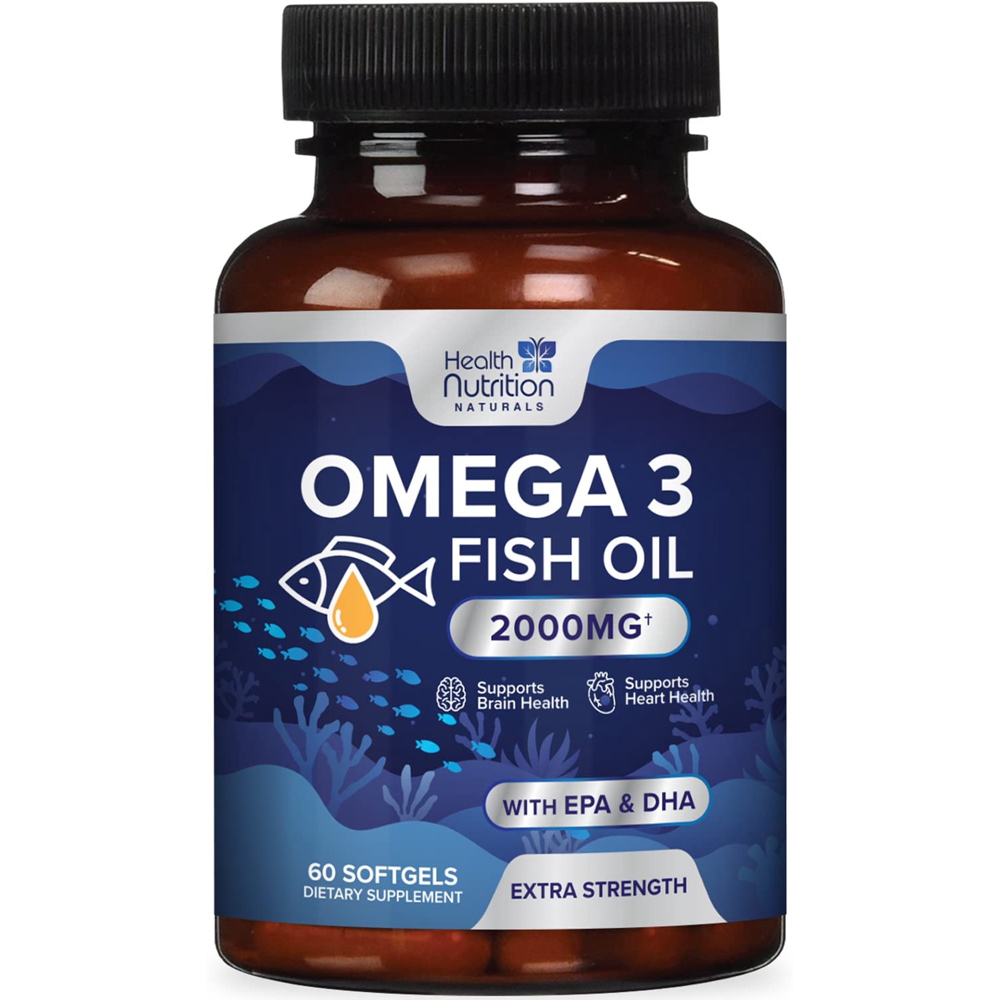 Health Nutrition's Omega 3 Fish Oil 2,000mg Supplement with EPA & DHA Omega 3's - 60 Softgels ...