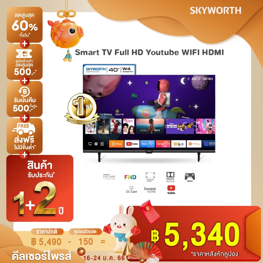 รีวิวแน่น ประกัน 3 ปี รับเงินคืน10 ส่งฟรี ทีวี SKYWORTH 40 นิ้ว Smart ...