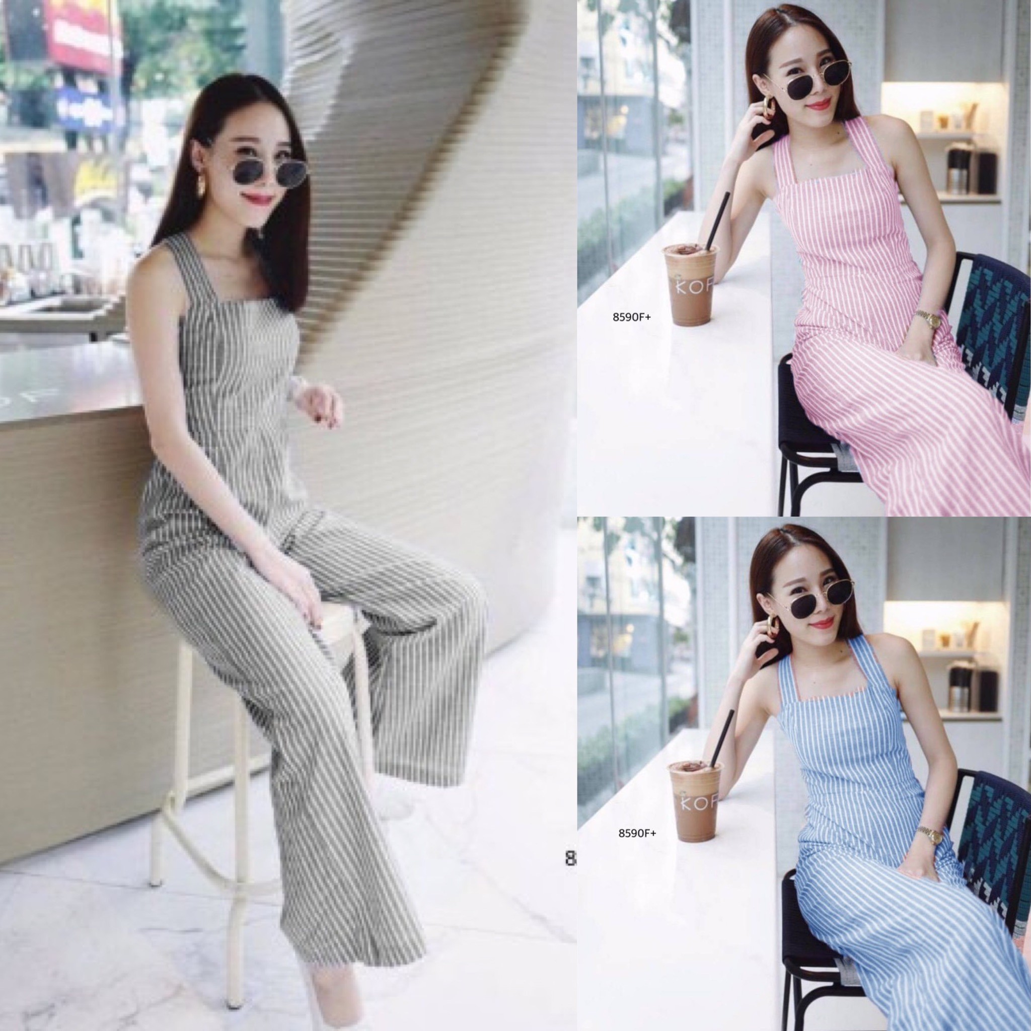J8590 Jumpsuit จั๊มสูท ลายริ้ว ไขว้หลัง - JShop Fashion - ThaiPick