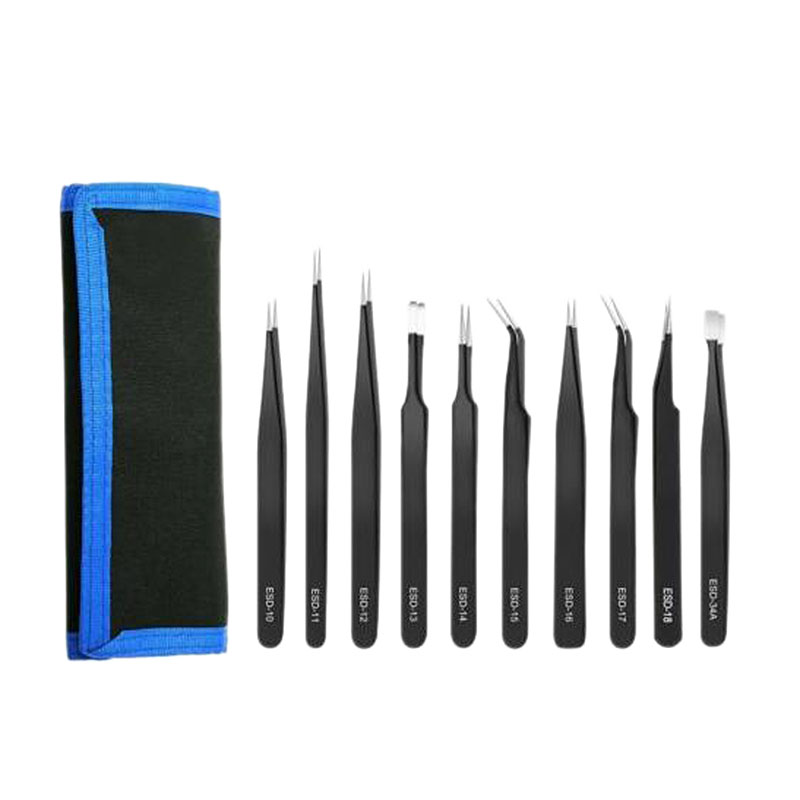 10 X Esd Precision Anti-Static Tweezers Set Maintenance Stainless Steel ...
