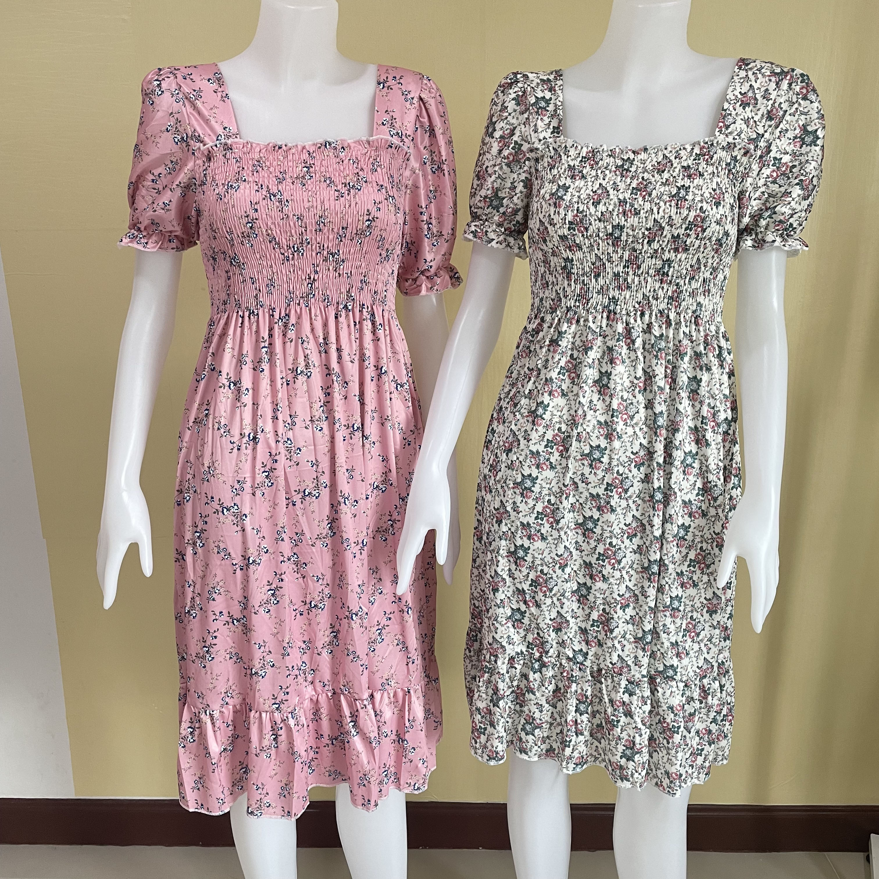 vivi.an ชุดเดรสมินิมอล เดรสคอเหลี่ยม เดรสกระโปรงยาวน่ารักๆ ลายดอกไม้ สม ...