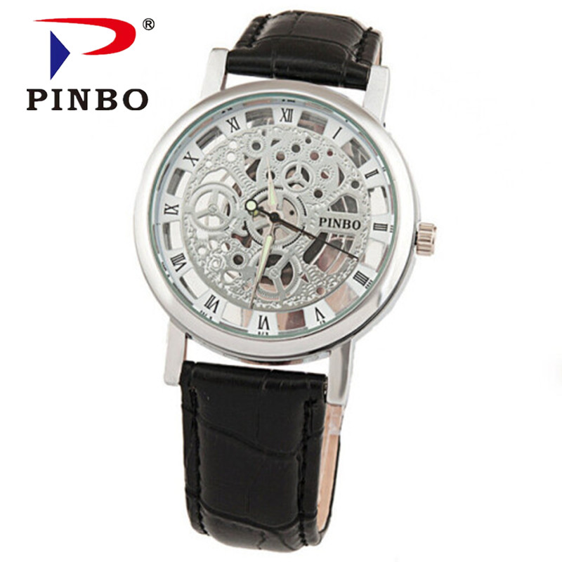 นาฬิกาPINBOนาฬิกาข้อมือแฟชั่นหน้าปัดโปร่งใสโชว์เครื่องจักรสายหนัง ...
