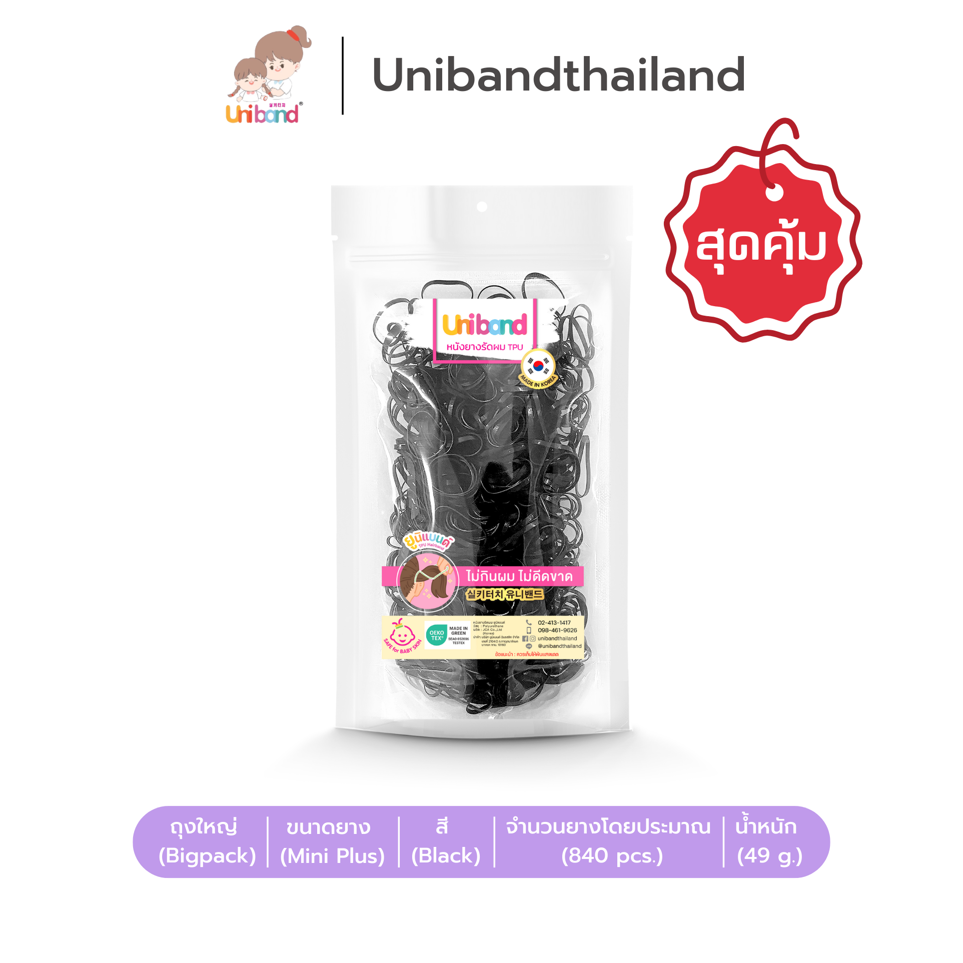 Uniband หนังยางรัดผม ไม่กินผม ไม่ดีดขาดง่าย TPU Mini Plus Size : Black ...