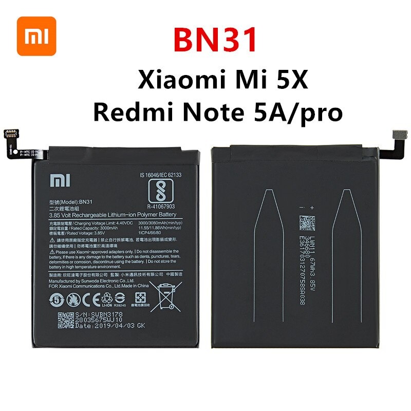 แบตเตอรี่ของแท้ Xiaomi 5X Mi5X BN31 Redmi Mi A1 Mi 5X หมายเหตุ5A REDMI ...