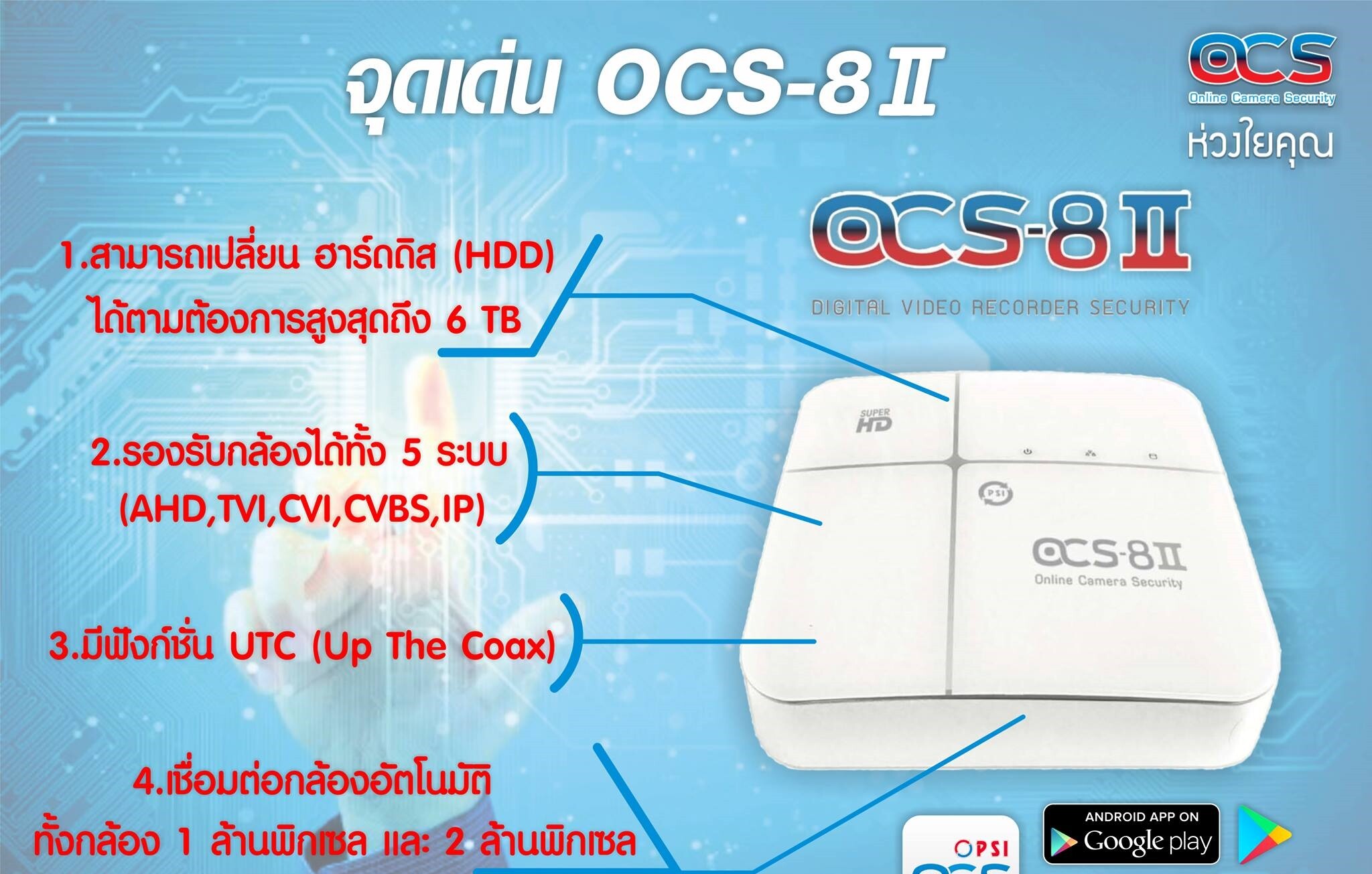 เครื่องบันทึกกล้องวงจรปิด DVR PSI OCS-8II (8 CH) ฮาร์ทดิส HDD 1 TB ในกล่อง รองรับกล้อง HD 1 - 4 ...