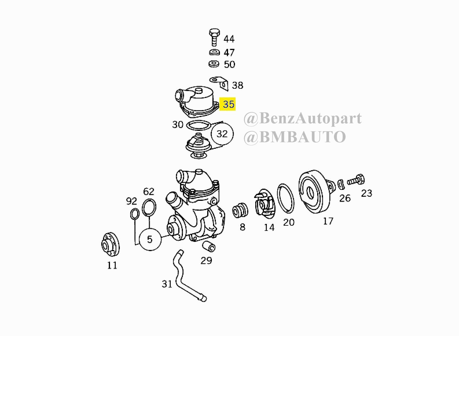 BENZ ฝาครอบวาล์วน้ำ (เครื่อง6สูบ M103/M104) W124(300E,E280) W210(E280 ...