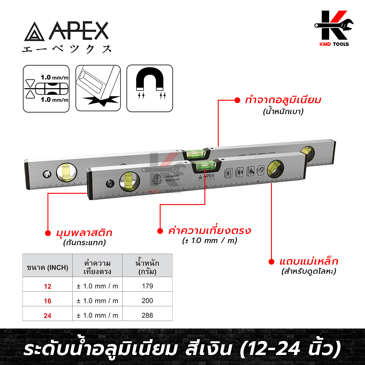 APEX ระดับน้ำอลูมิเนียมกล่องสี่เหลี่ยม สีเงิน (ยาว 12-24 นิ้ว) ระดับน้ำ 12 นิ้ว 16 นิ้ว 24 นิ้ว ...